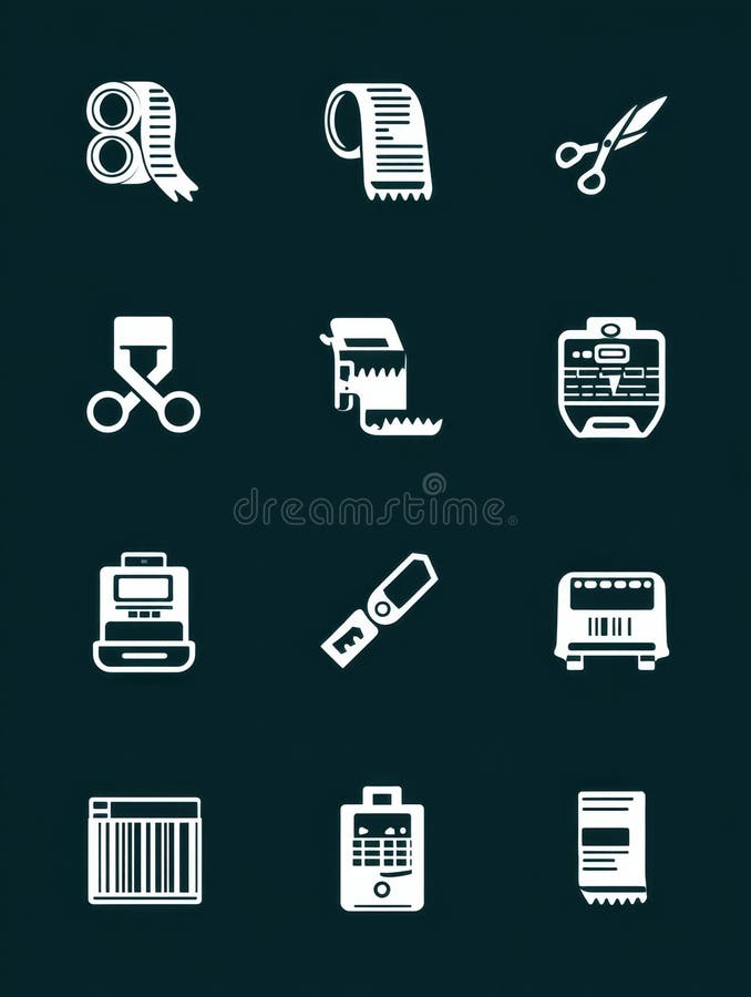 Minimal Icon Set Featuring Tape Roll, Scissors, and a Barcode Scanner ...