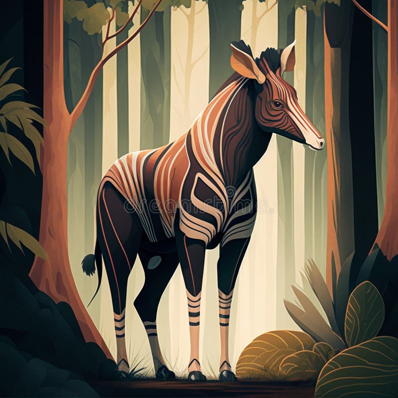 Stylized Illustrated Okapi in Forest (generative AI) Stock Illustration ...