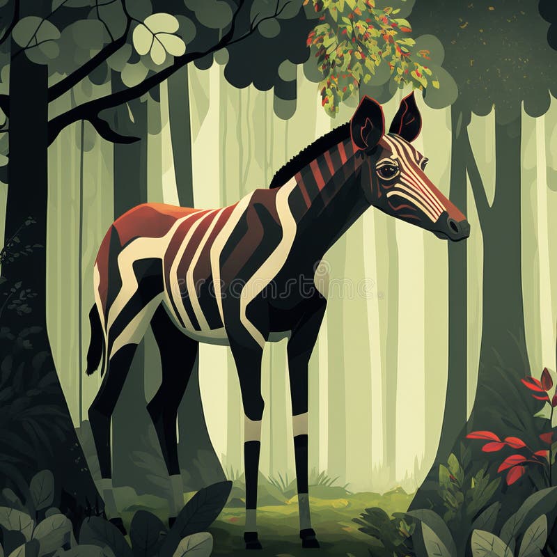 Stylized Illustrated Okapi in Forest (generative AI) Stock Illustration ...