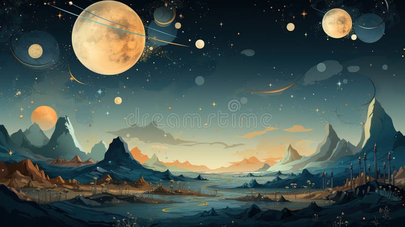 A Stylized Illustration of an Alien Planet with a Vast, Mountainous ...