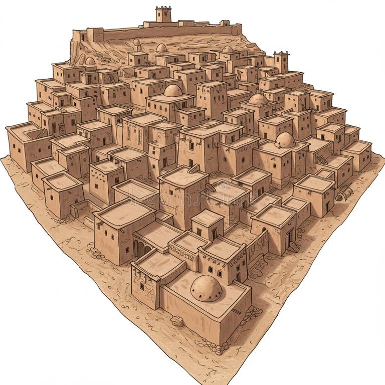 Stylized Illustration of an Ancient Desert City, Featuring Densely ...