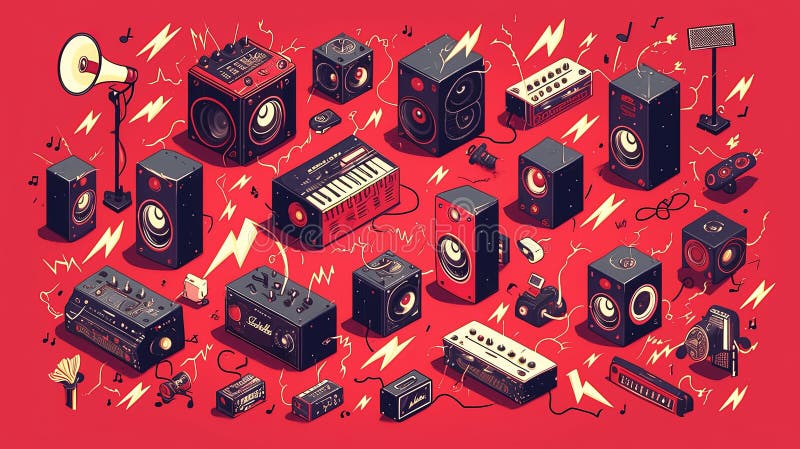 Stylized Illustration of Audio and Music Equipment on a Vibrant Red ...