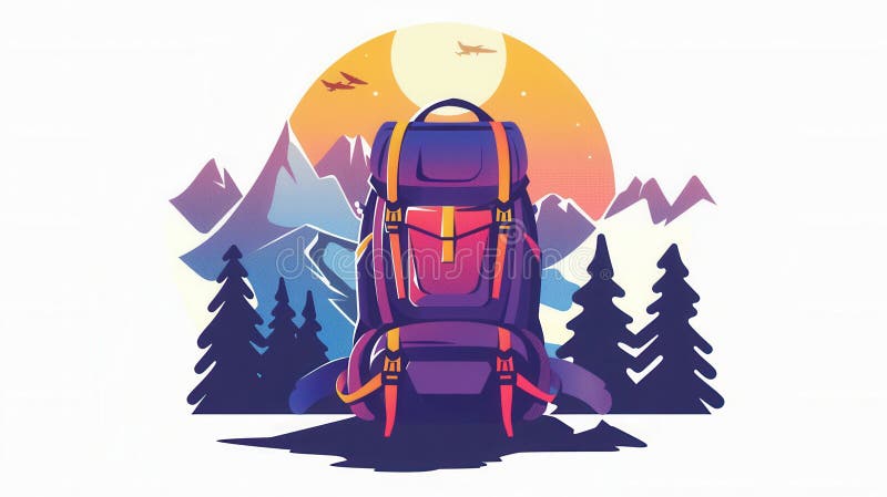 A Stylized Illustration of a Backpack in Front of a Mountain Range at ...