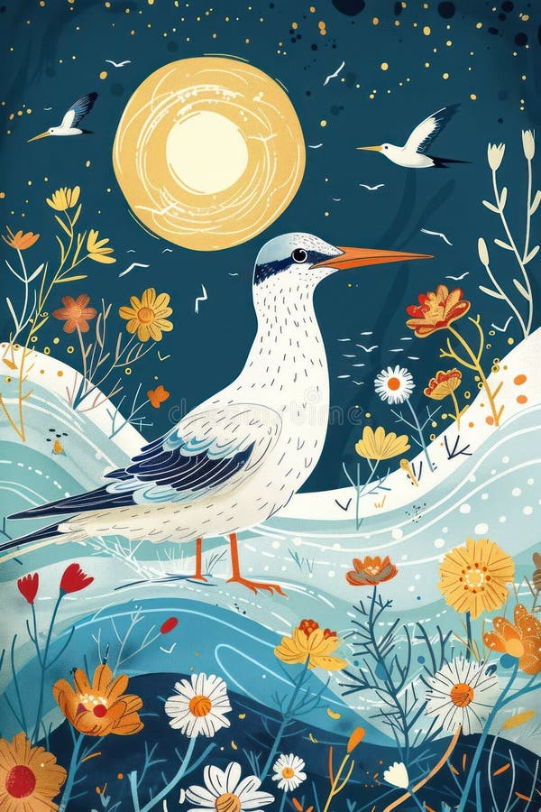 Elegant Bird in Floral Meadow Underneath the Moon Stock Illustration ...