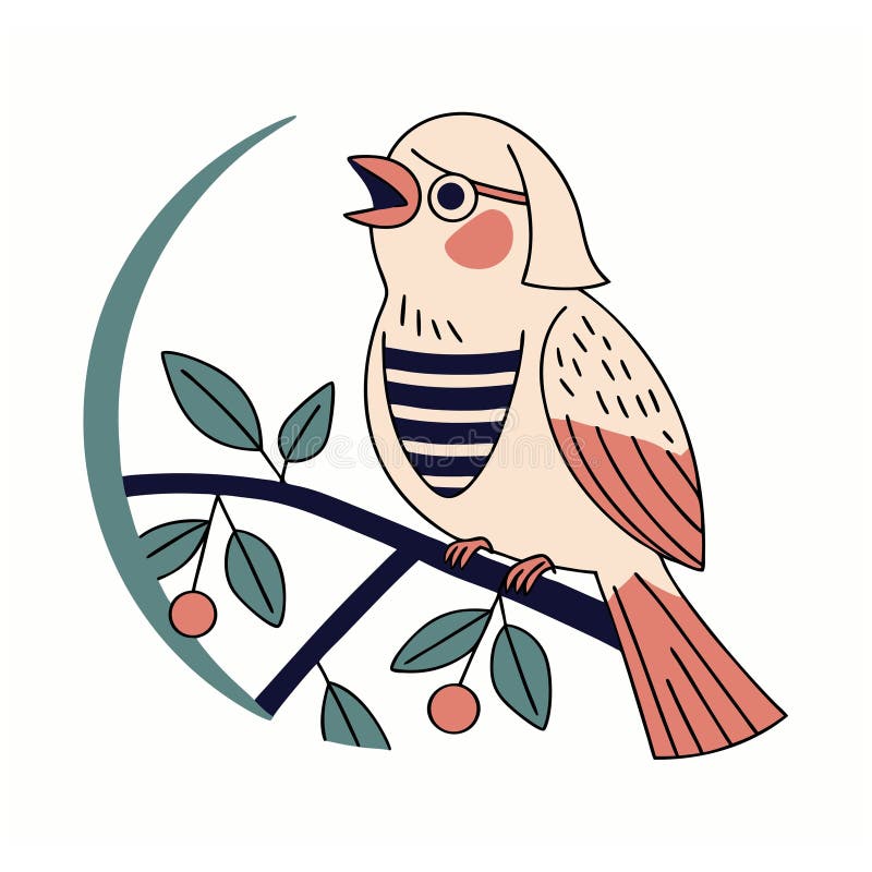 Stylized Illustration of a Bird Perched on a Branch, Featuring a ...