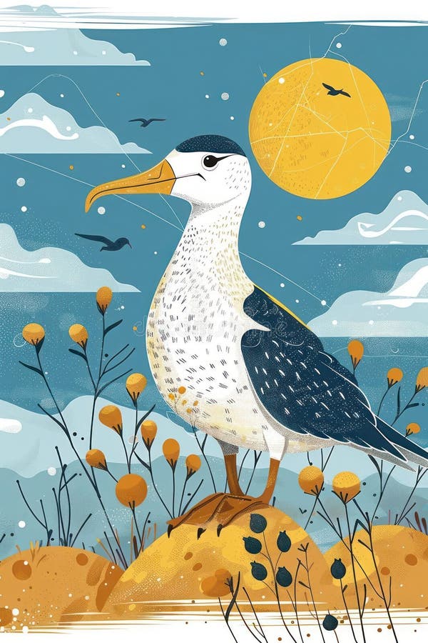 Majestic Albatross at Sunset, Coastal Bird Wildlife Illustration Stock ...