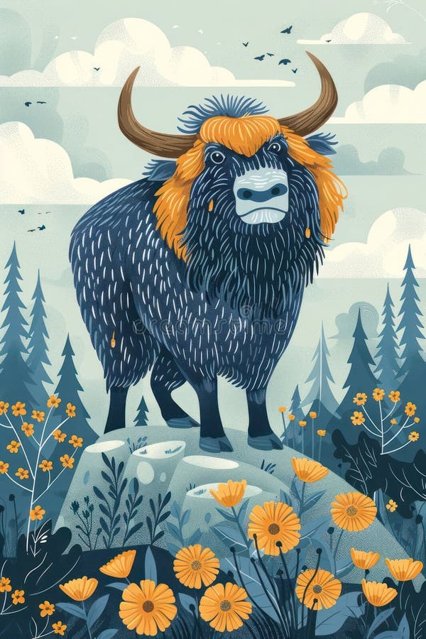Majestic Yak in Mountain Meadow Landscape Stock Illustration ...