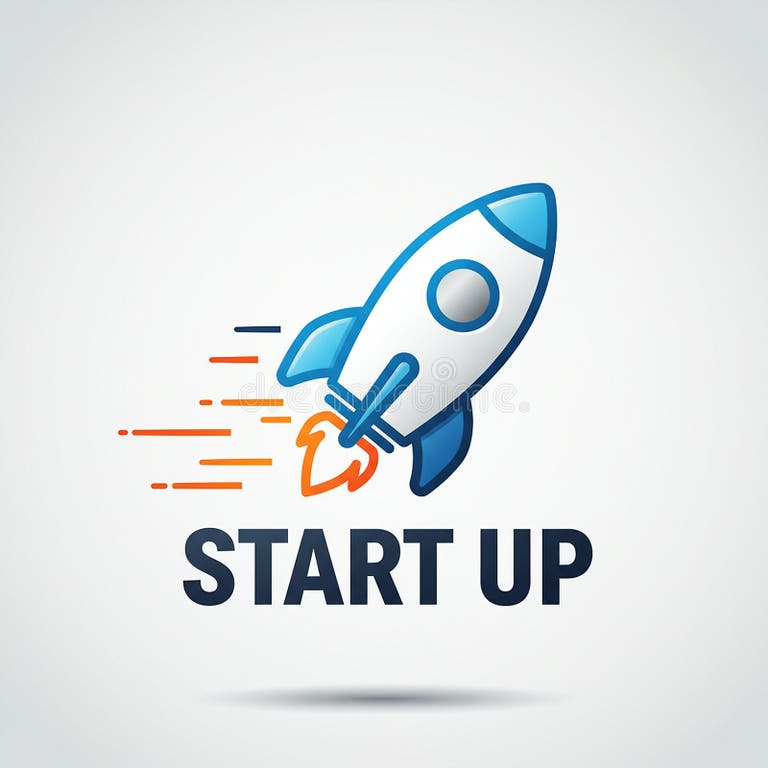 Stylized Illustration of a Blue and White Rocket Launching, Accompanied ...