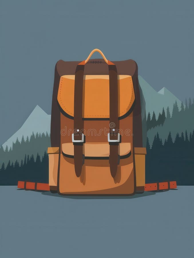 A Stylized Illustration of a Brown Backpack Against a Simple Forest ...