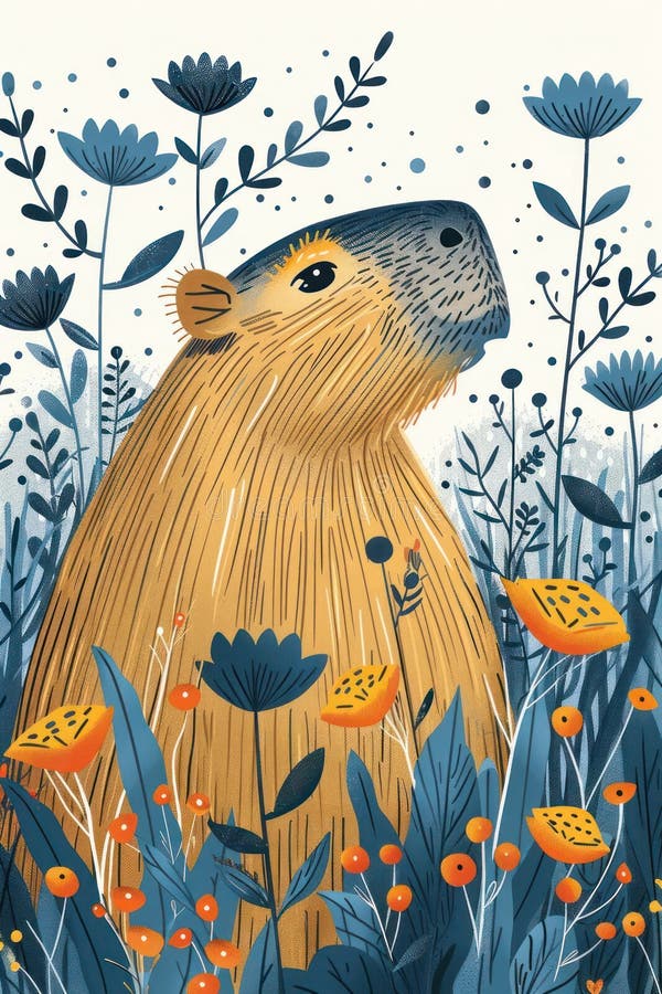 Charming Capybara Amidst Blue and Orange Floral Paradise Stock ...