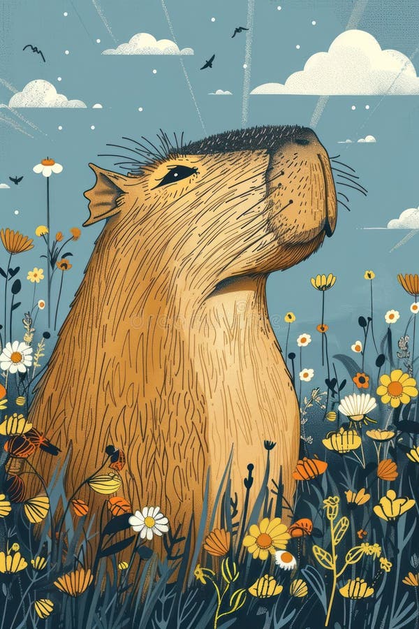 A Stylized Illustration of a Capybara among Colorful Flowers Under a ...