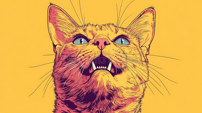 Stylized Illustration of a Cat with an Open Mouth, Revealing Sharp ...