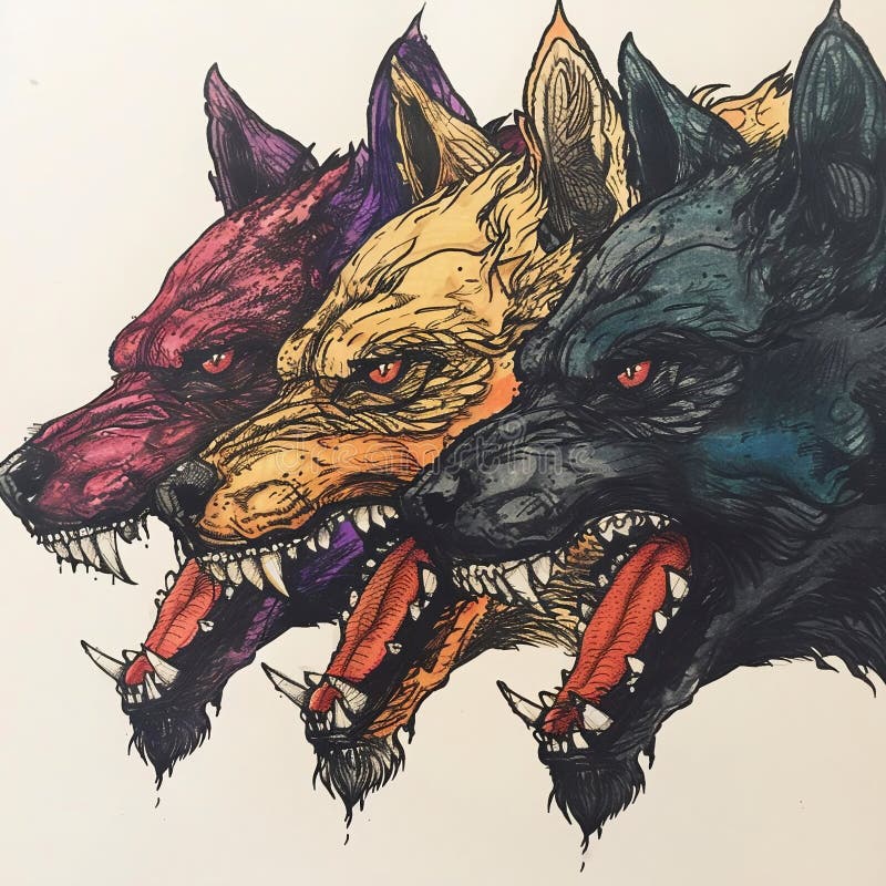 A Stylized Cerberus, a Three-headed Mythical Creature with Distinct ...