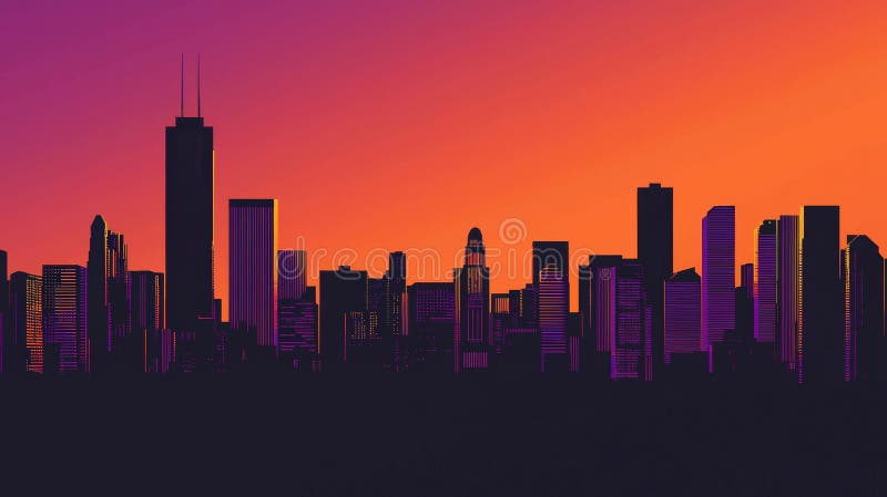 Stylized Illustration of the Chicago Skyline at Sunset, Featuring the ...