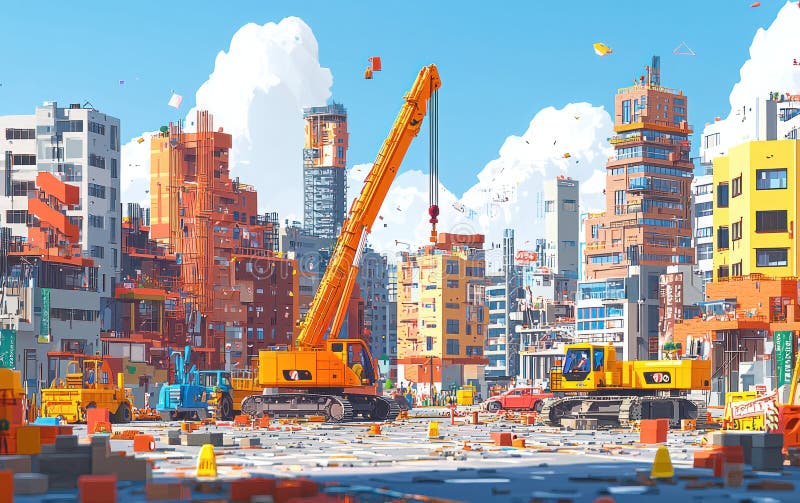 Stylized Illustration of City Construction, Cranes, Buildings Stock ...
