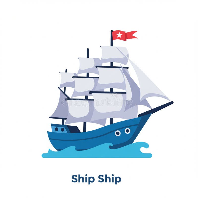 A Stylized Illustration of a Classic Sailing Ship with a Blue Hull and ...