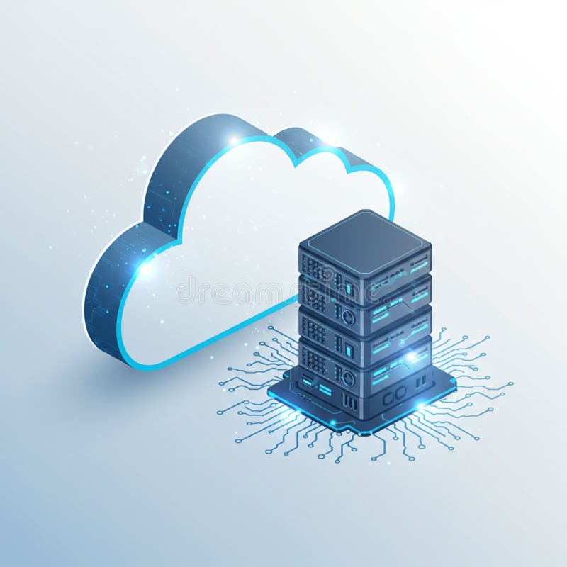 Stylized Illustration of Cloud Computing. a Digital Cloud Shape Hovers Next To a Stack Stock ...