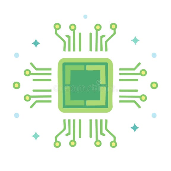 Stylized Illustration of a Computer Chip Processor with Green Square ...