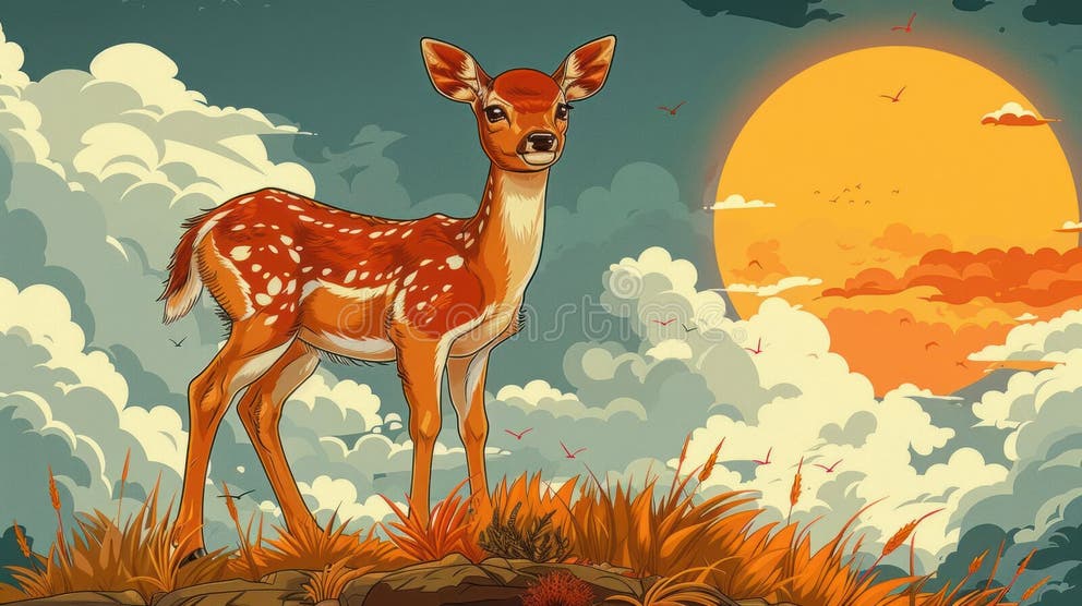 Adorable Fawn in Sunset Meadow: Majestic Wildlife Illustration Stock ...