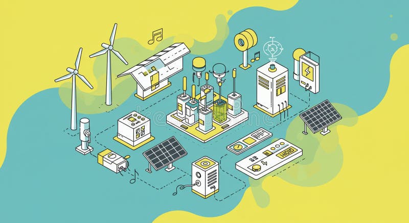 A Stylized Illustration Depicting a Renewable Energy Setup. Features Include Wind Stock ...