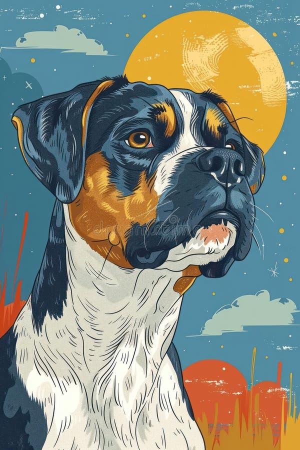 Majestic Boxer Dog Portrait Against a Vibrant Sunset Stock Illustration ...