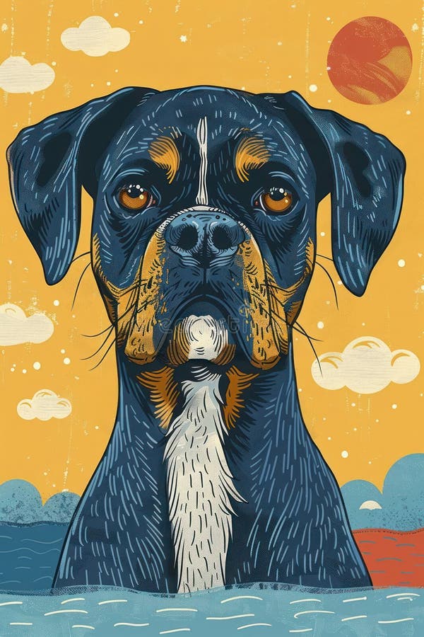 Charming Boxer Dog Portrait in Vintage Style, Ocean Background Stock ...