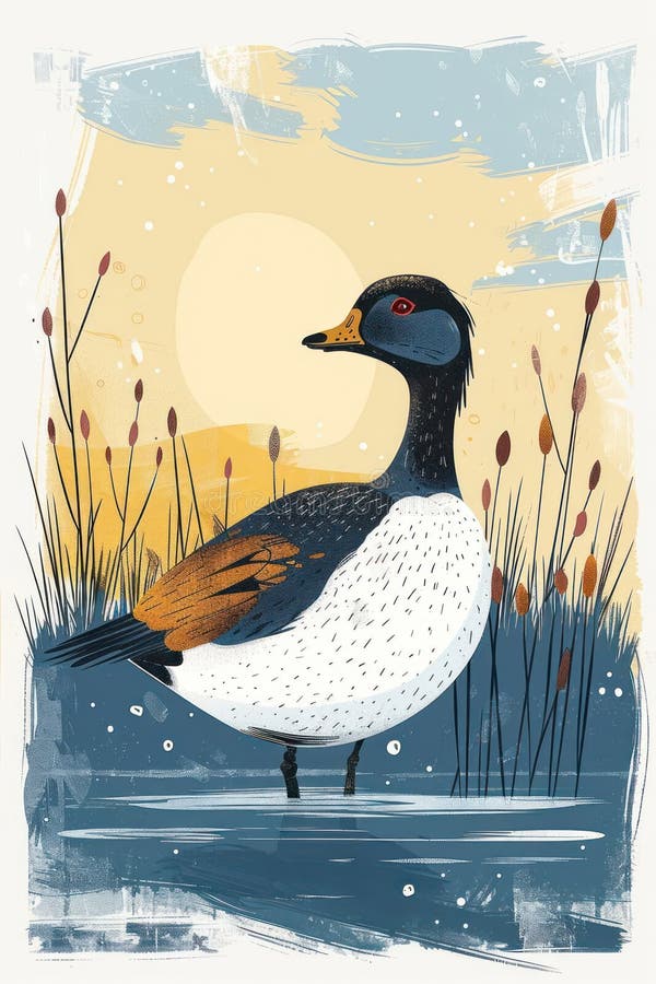 Elegant Duck in Calm Water, Sunset Landscape Stock Illustration ...