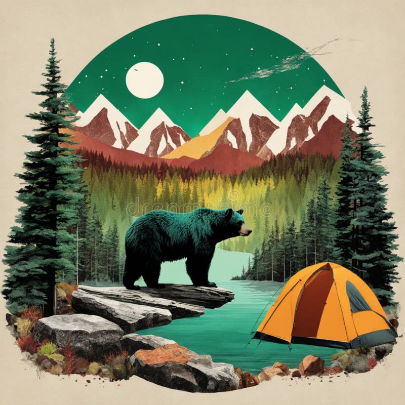 A Stylized Illustration Features a Bear Standing by a Mountain Lake ...