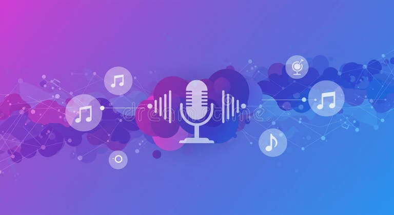 A Stylized Illustration Features a Central Microphone Icon with ...