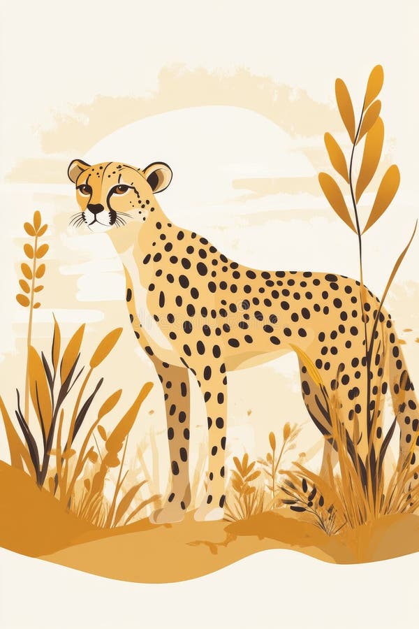 Stylized Illustration of a Cheetah in a Standing Pose on a Plain ...