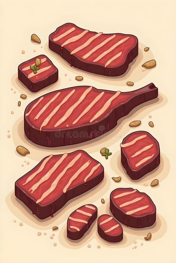 A Stylized Illustration Features Various Cuts of Cooked Steak with ...