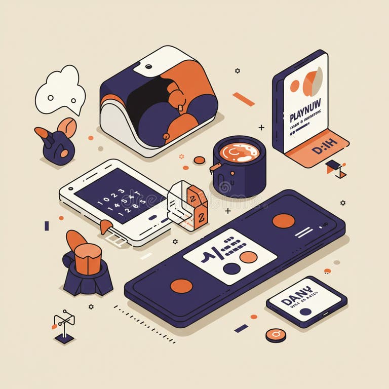 Stylized Illustration Featuring Digital and Physical Objects. Items ...