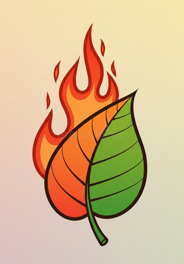 Stylized Illustration Featuring a Leaf and Flames. the Leaf is Divided ...