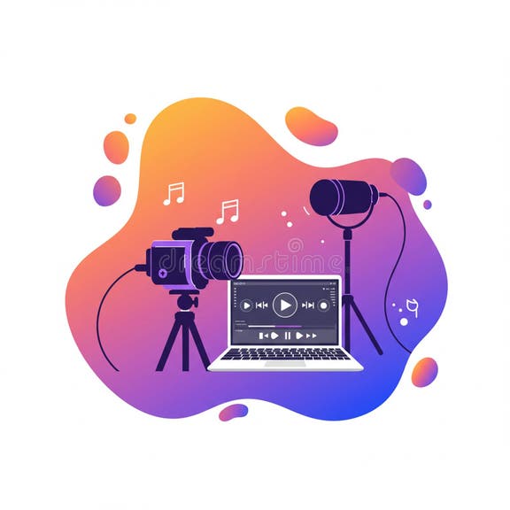 A Stylized Illustration Featuring Video Production Elements. a Camera ...
