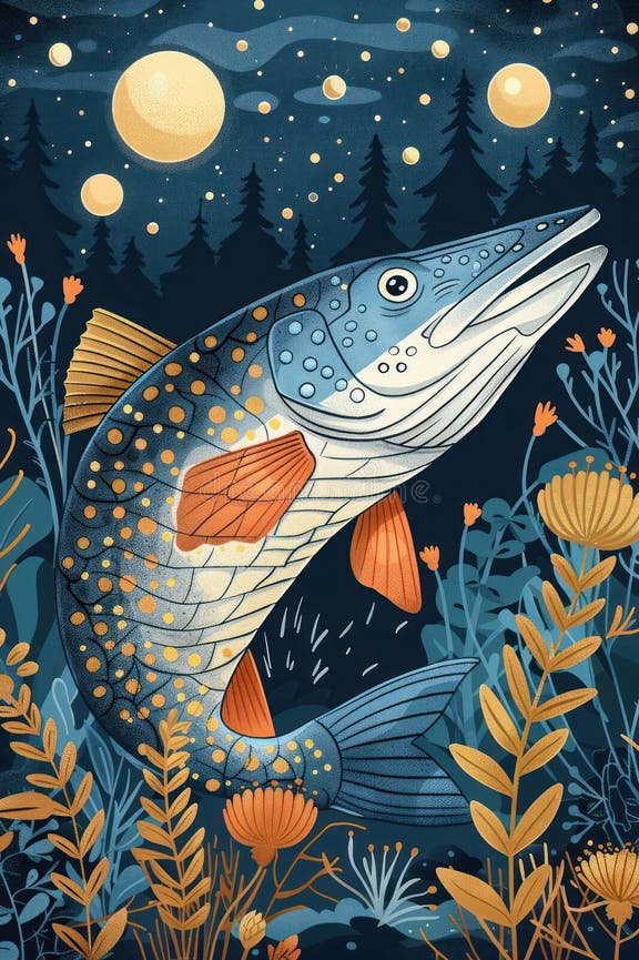 Majestic Northern Pike Leaps through Night Bloom Stock Illustration ...