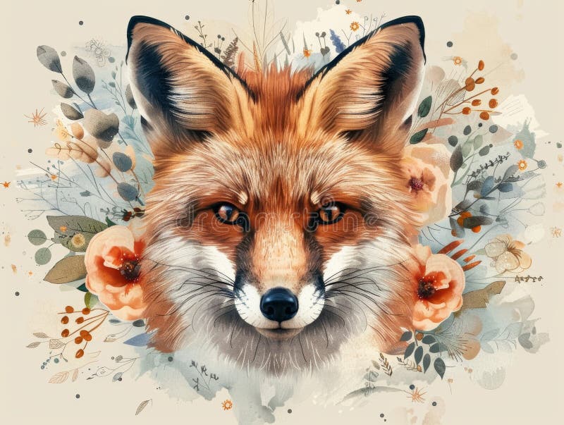 A Stylized Illustration of a Fox S Head with a Floral Background. the ...