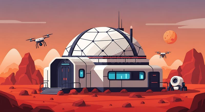Mars Base with Drones and Exploration Equipment Stock Illustration ...