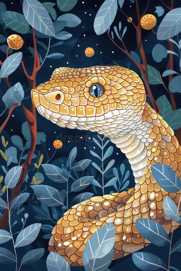Golden Snake in Lush Night Forest, Mystical Creature Illustration Stock ...