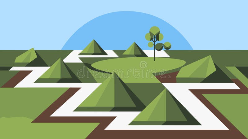 Stylized Illustration of Golf Course with Geometric Shapes and Single ...