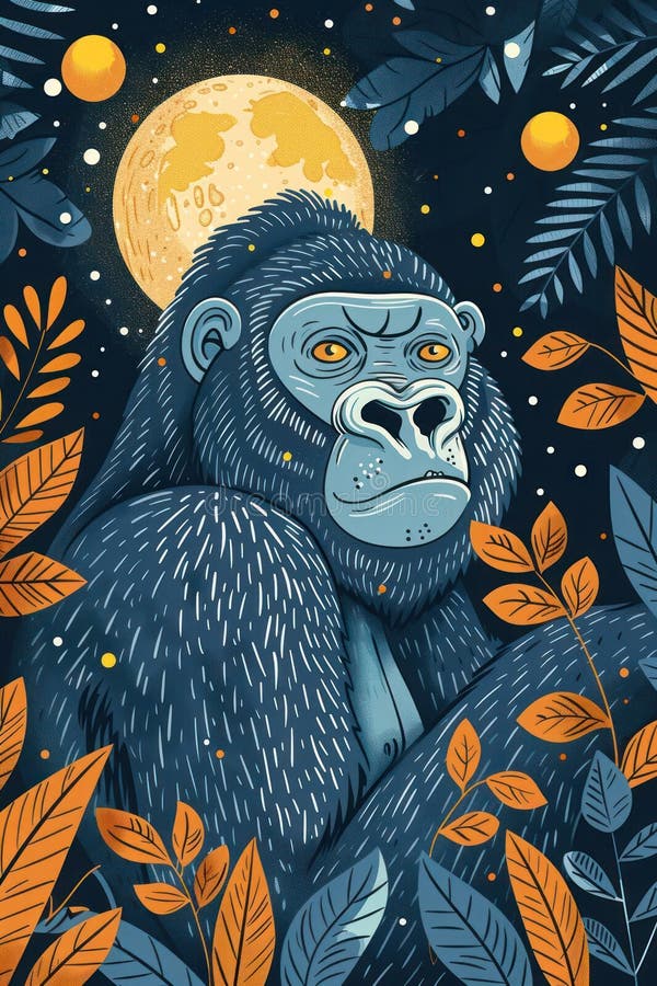 Majestic Gorilla Under the Moonlight in Lush Jungle Stock Illustration ...
