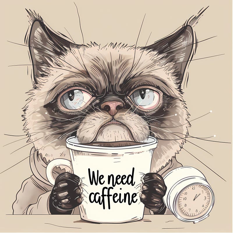 Minimalist Grumpy Cat with Coffee Cup – "we Need Caffeine" Stock ...