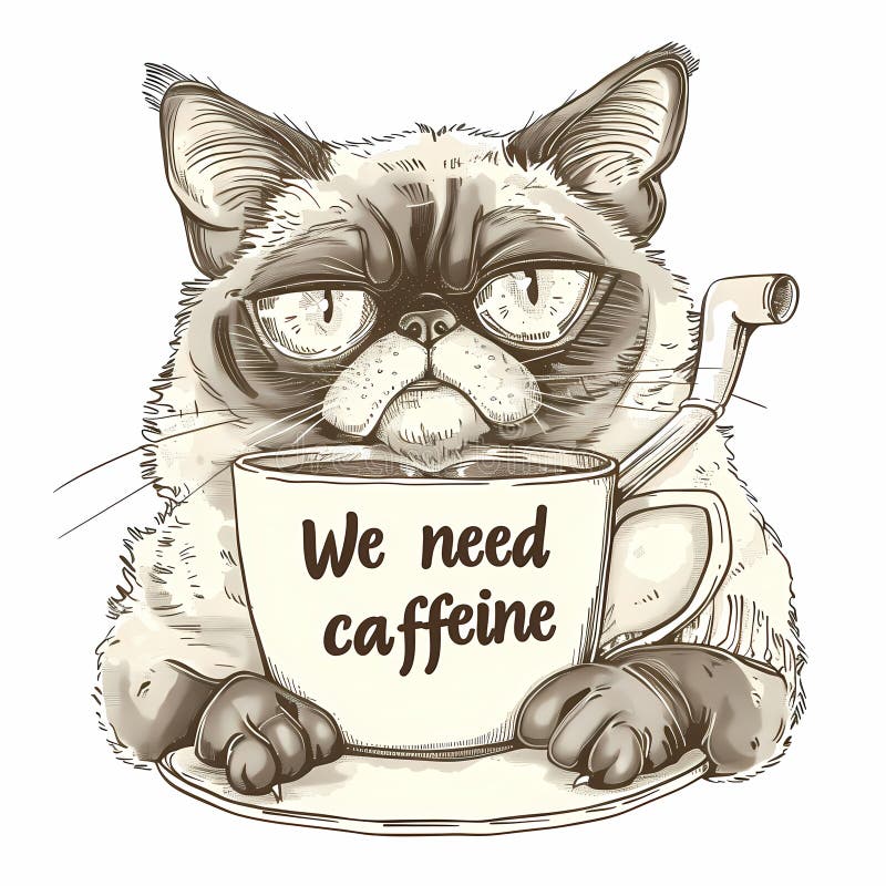 Minimalist Grumpy Cat with Coffee Cup – "we Need Caffeine" Stock ...
