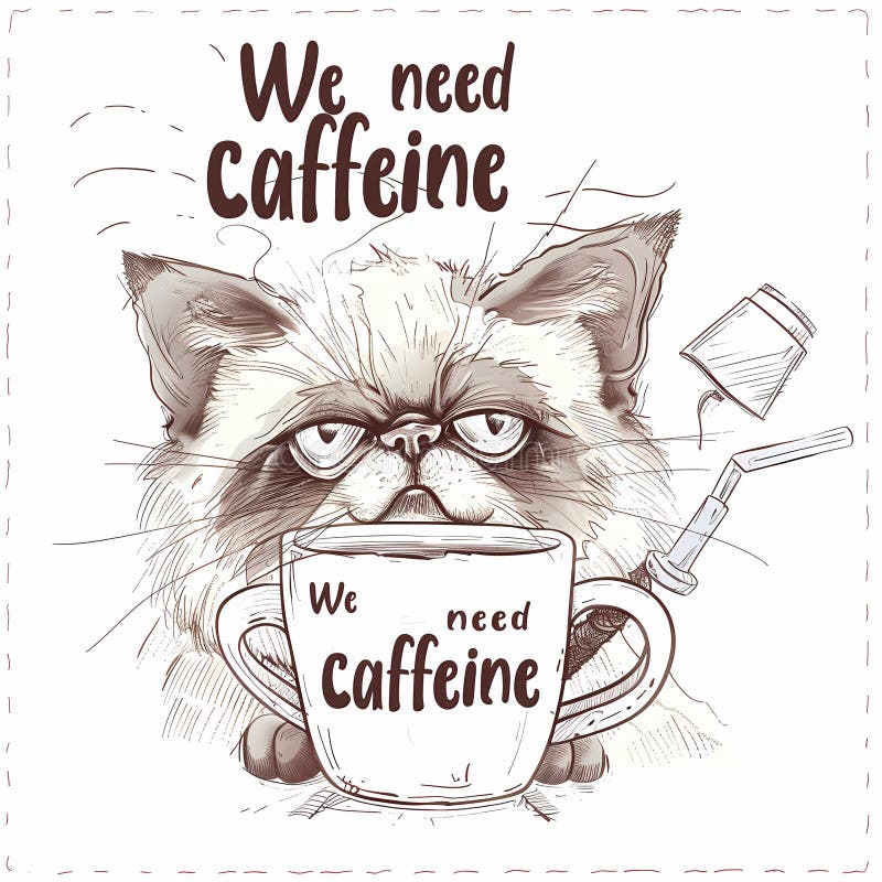 Minimalist Grumpy Cat with Coffee Cup – "we Need Caffeine" Stock ...