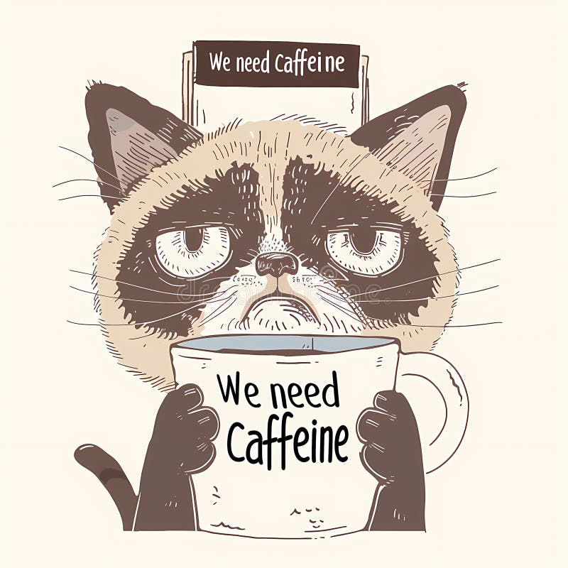Minimalist Grumpy Cat with Coffee Cup – "we Need Caffeine" Stock ...