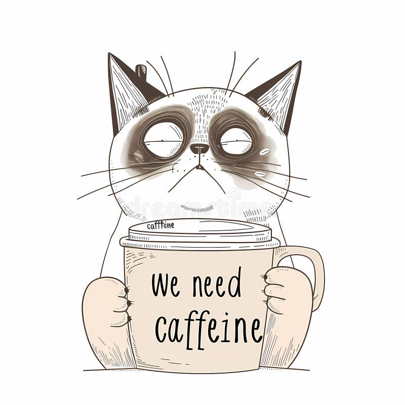 Minimalist Grumpy Cat with Coffee Cup – "we Need Caffeine" Stock ...