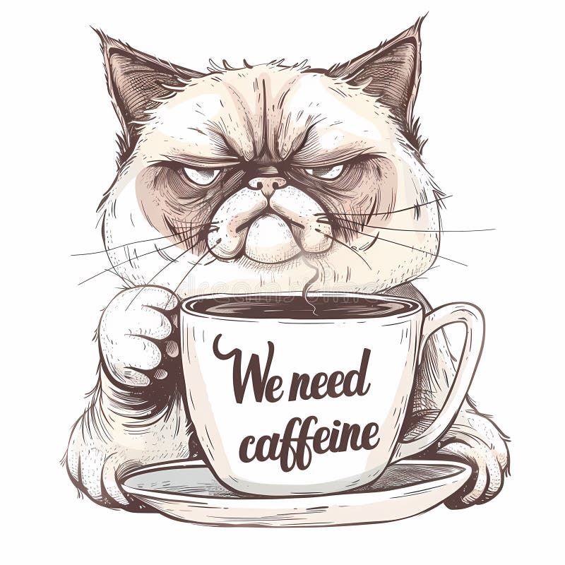 Minimalist Grumpy Cat with Coffee Cup – "we Need Caffeine" Stock ...