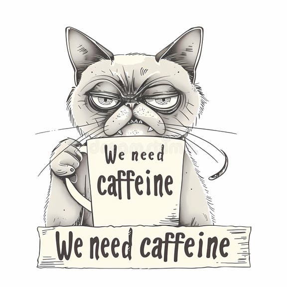 Minimalist Grumpy Cat with Coffee Cup – "we Need Caffeine" Stock ...