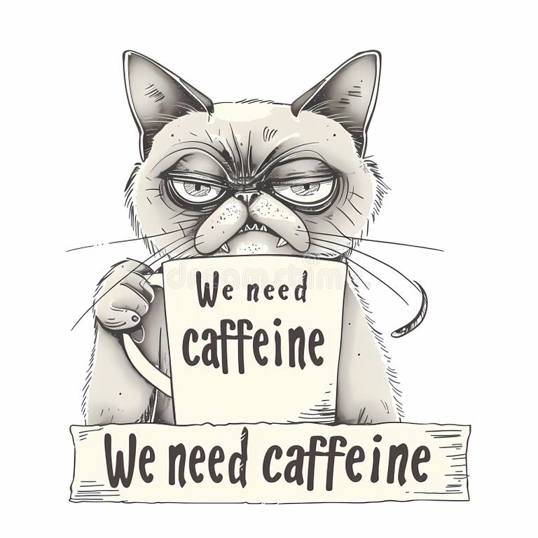 Minimalist Grumpy Cat with Coffee Cup – "we Need Caffeine" Stock ...