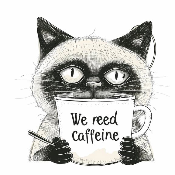 Minimalist Grumpy Cat with Coffee Cup – "we Need Caffeine" Stock ...