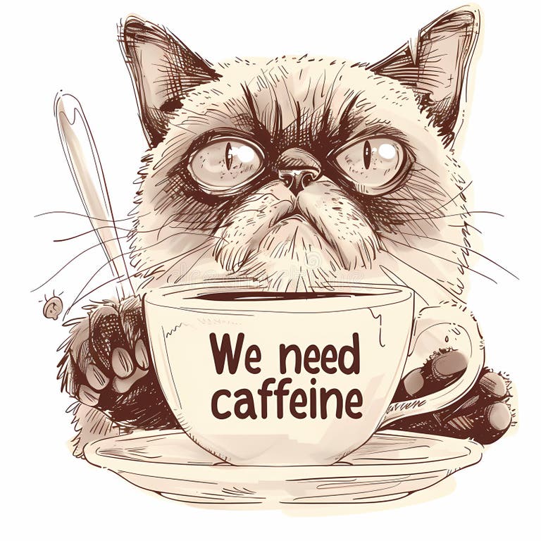 Minimalist Grumpy Cat with Coffee Cup – "we Need Caffeine" Stock ...